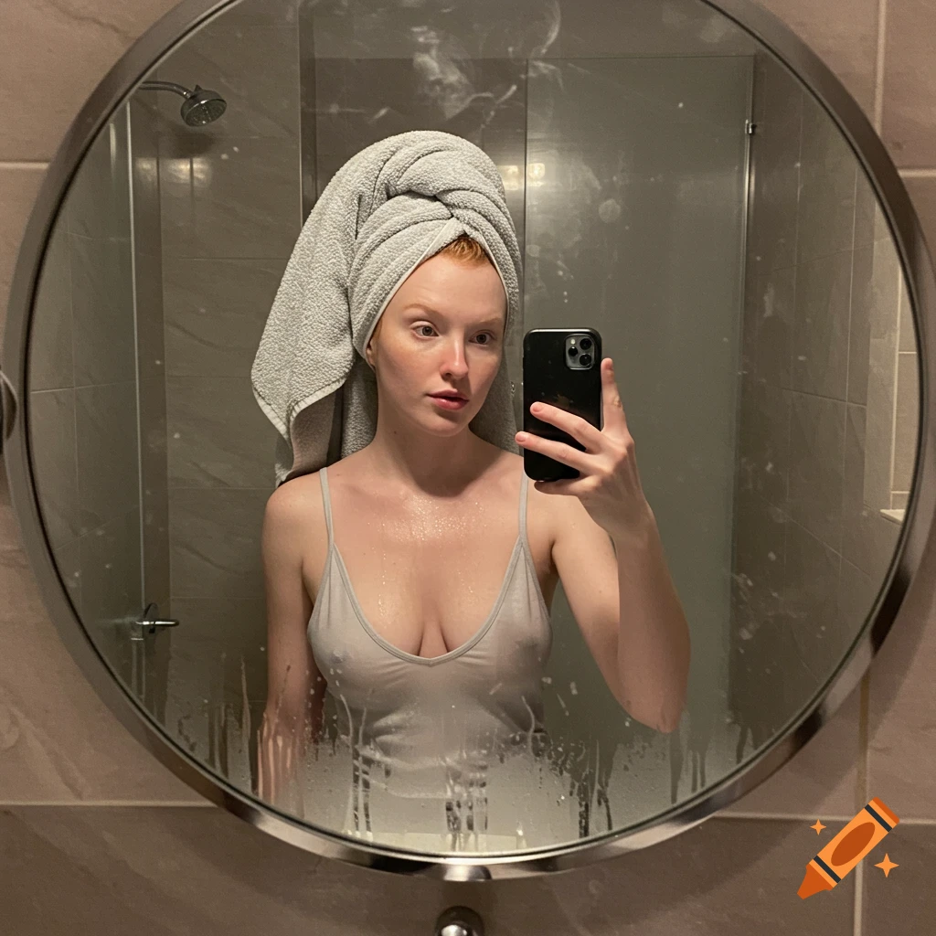 Redhead woman taking a bathroom selfie after shower on Craiyon