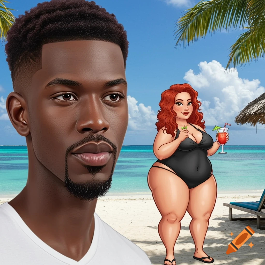 A realistic Black man stands next to a cartoon plus-size woman with red hair holding a drink on ...