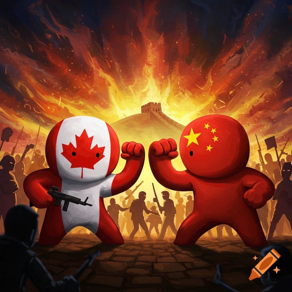 Stylized figures representing Canada and China stand opposed with fists ...
