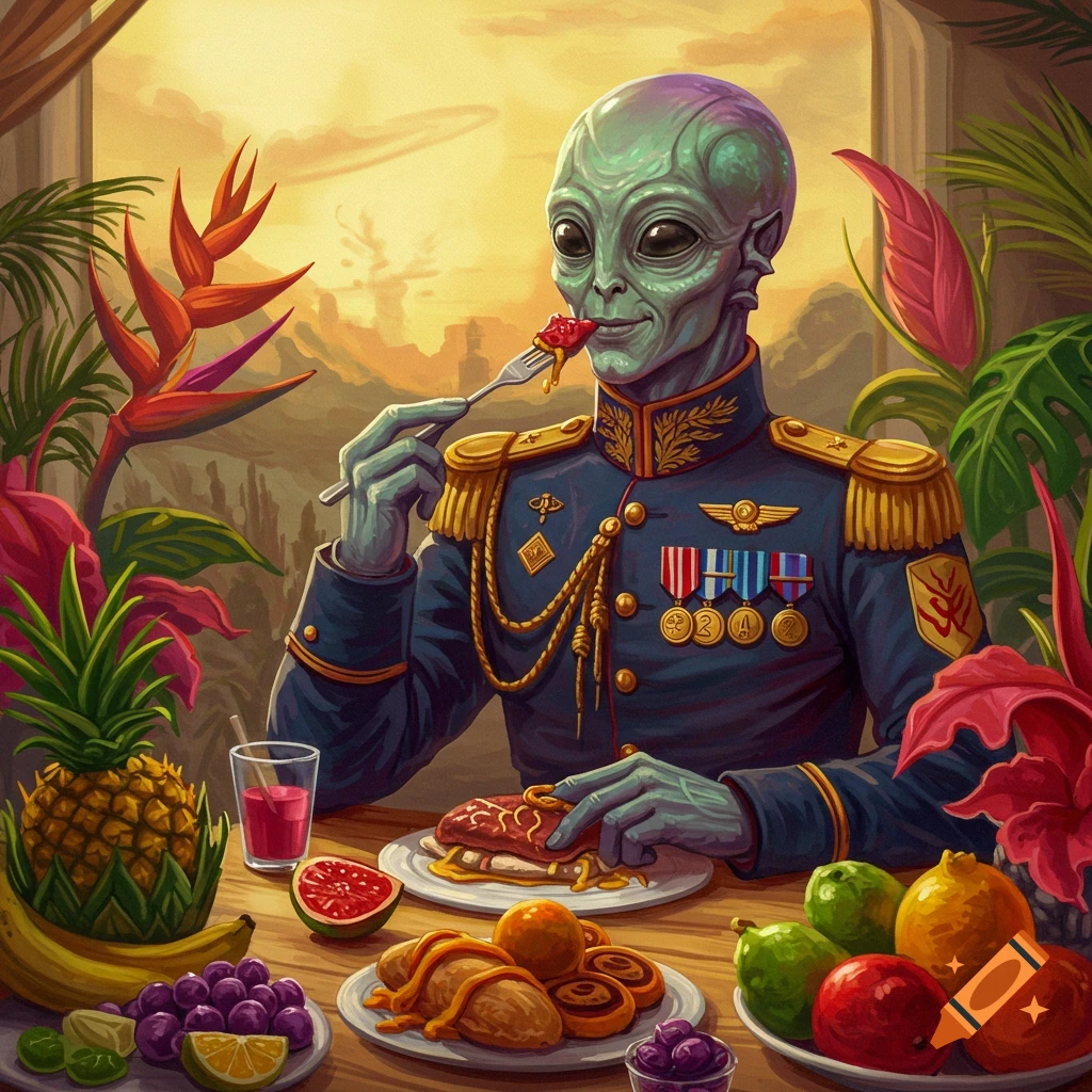 Patriotic alien veteran enjoying exotic food on vacation on Craiyon