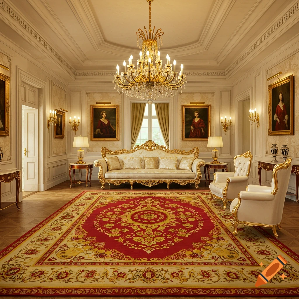 A luxurious and ornate mansion living room with a large chandelier ...