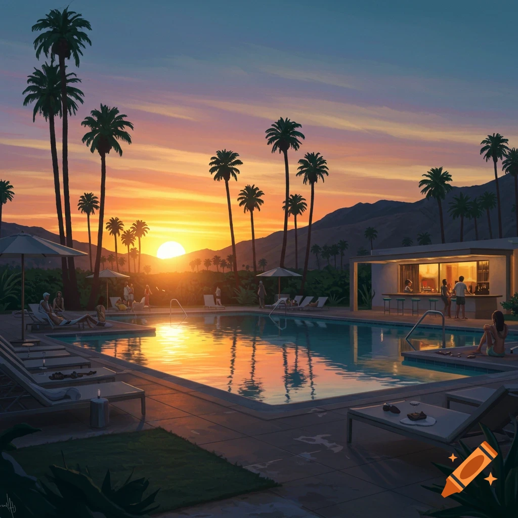 A tropical swimming pool with lounge chairs under a blue sky with clouds. on Craiyon