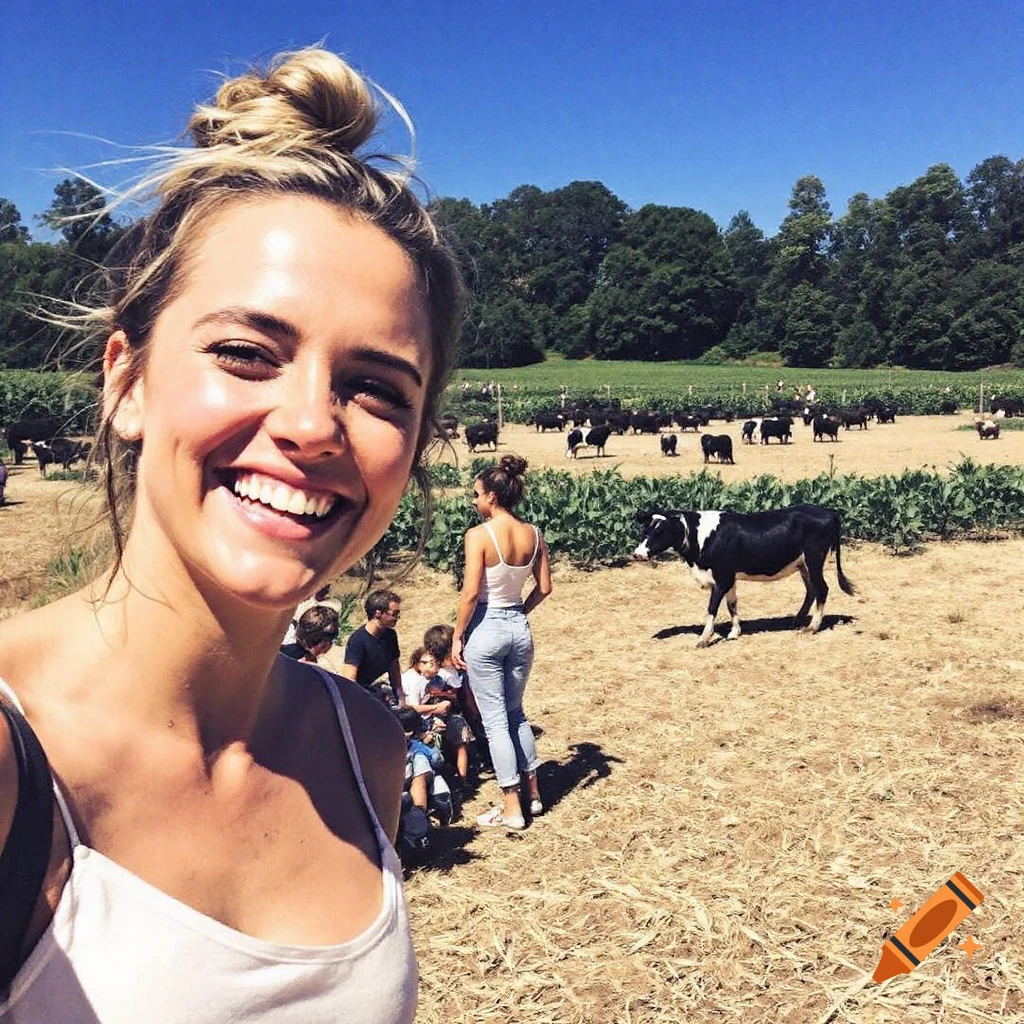 Woman takes a selfie on a farm with cows and other people behind her on ...