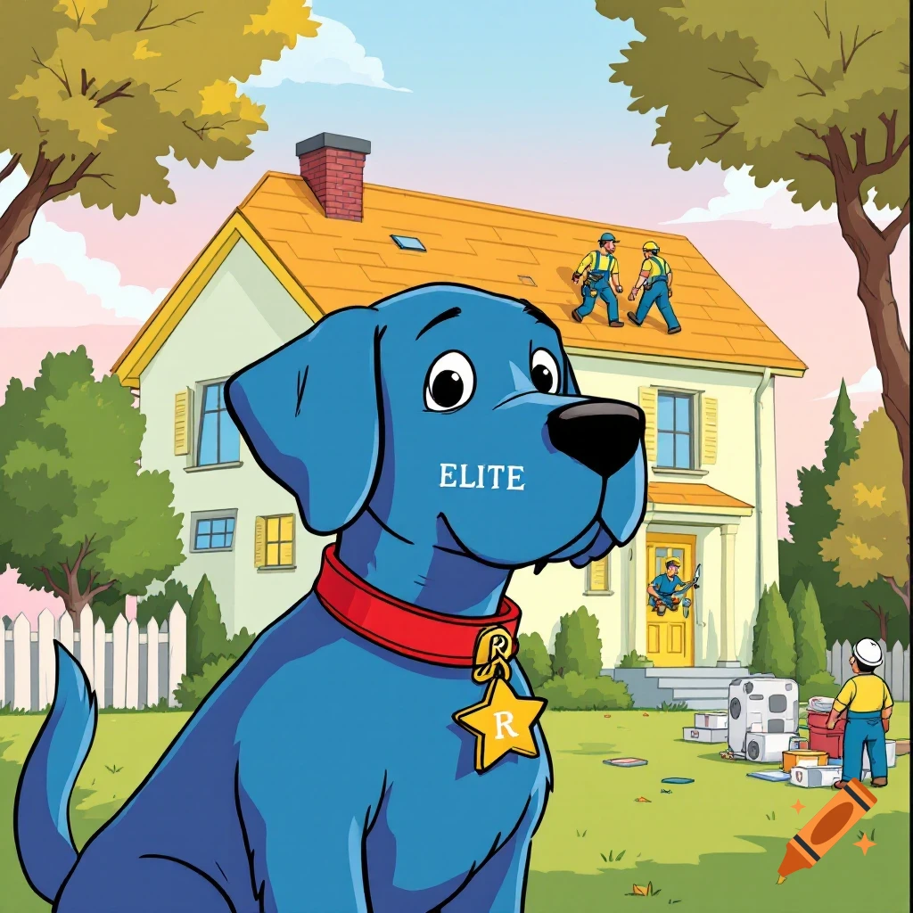 Cartoon of a large blue dog in front of a house where workers are ...
