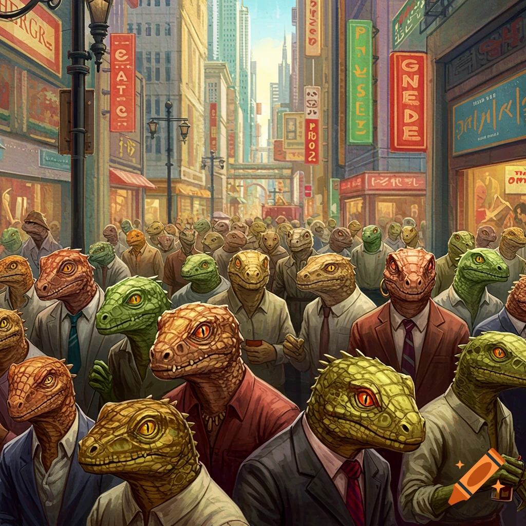 A crowd of anthropomorphic lizards in suits walk down a busy city ...