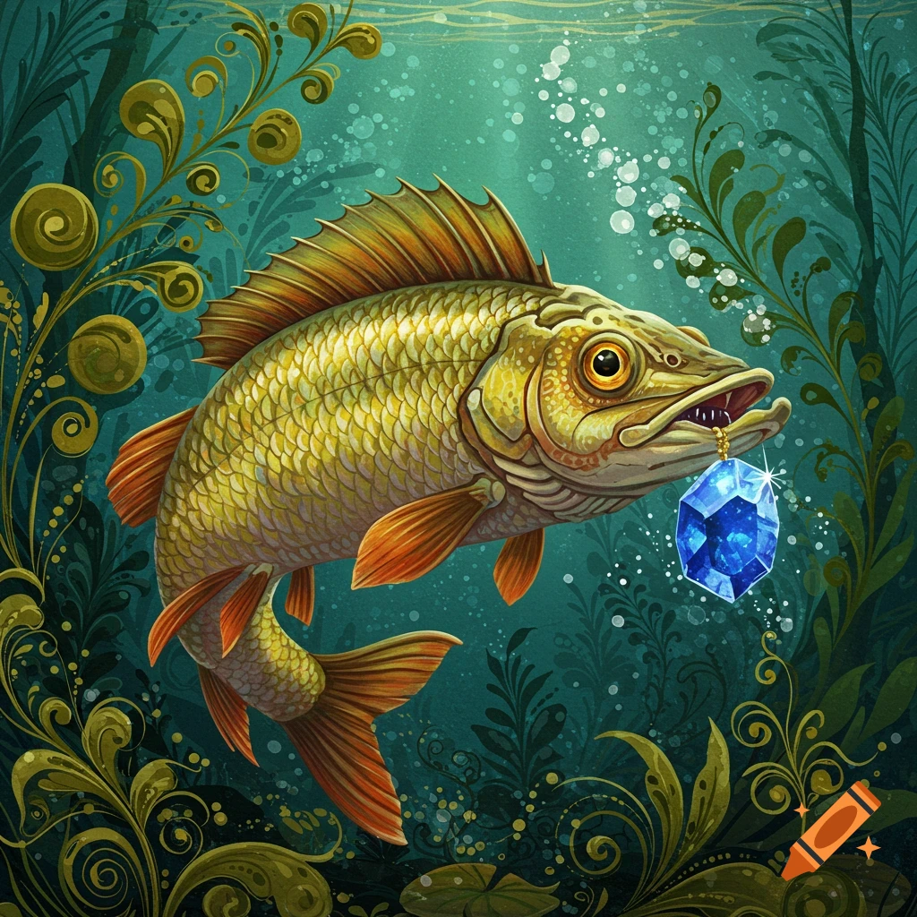 Fish with blue gem in Russian fairy tale style on Craiyon