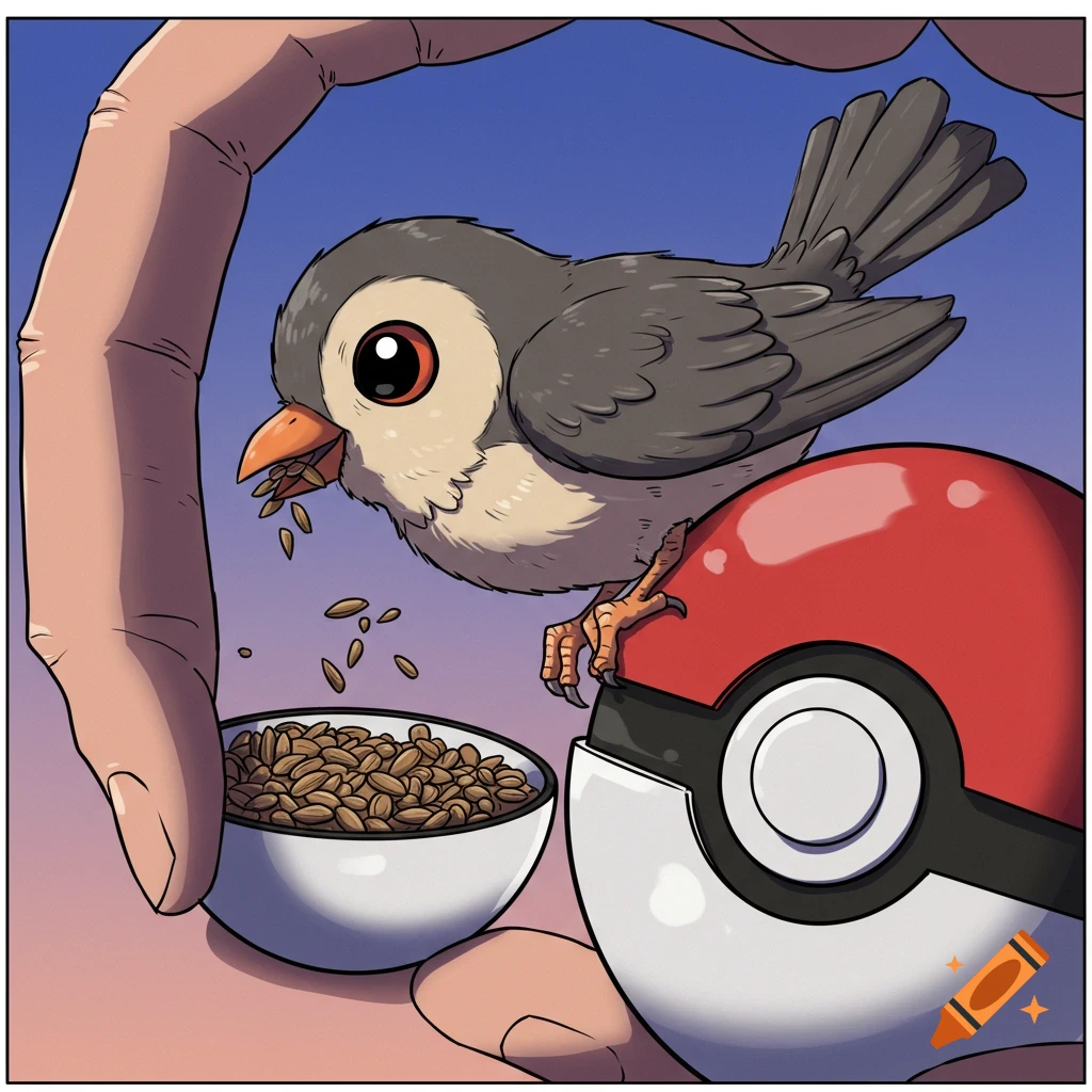Cartoon bird eating seeds from a Poke Ball held in the air on Craiyon