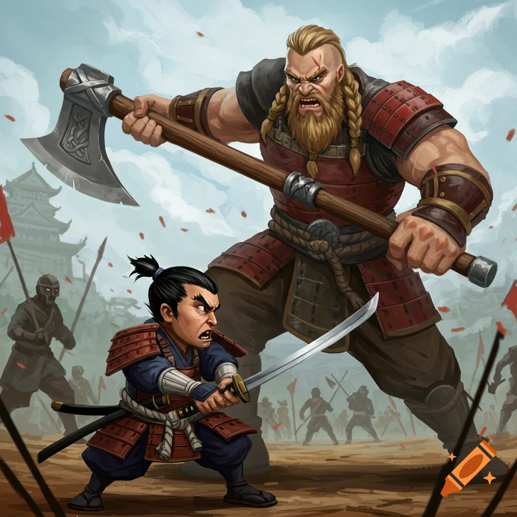 A short samurai fighting a large viking with an axe in a battlefield ...