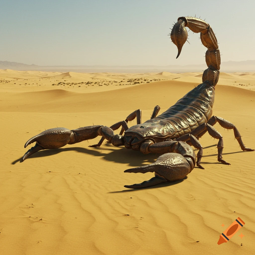 A surreal scorpion made of many human faces stands in a vast desert at ...