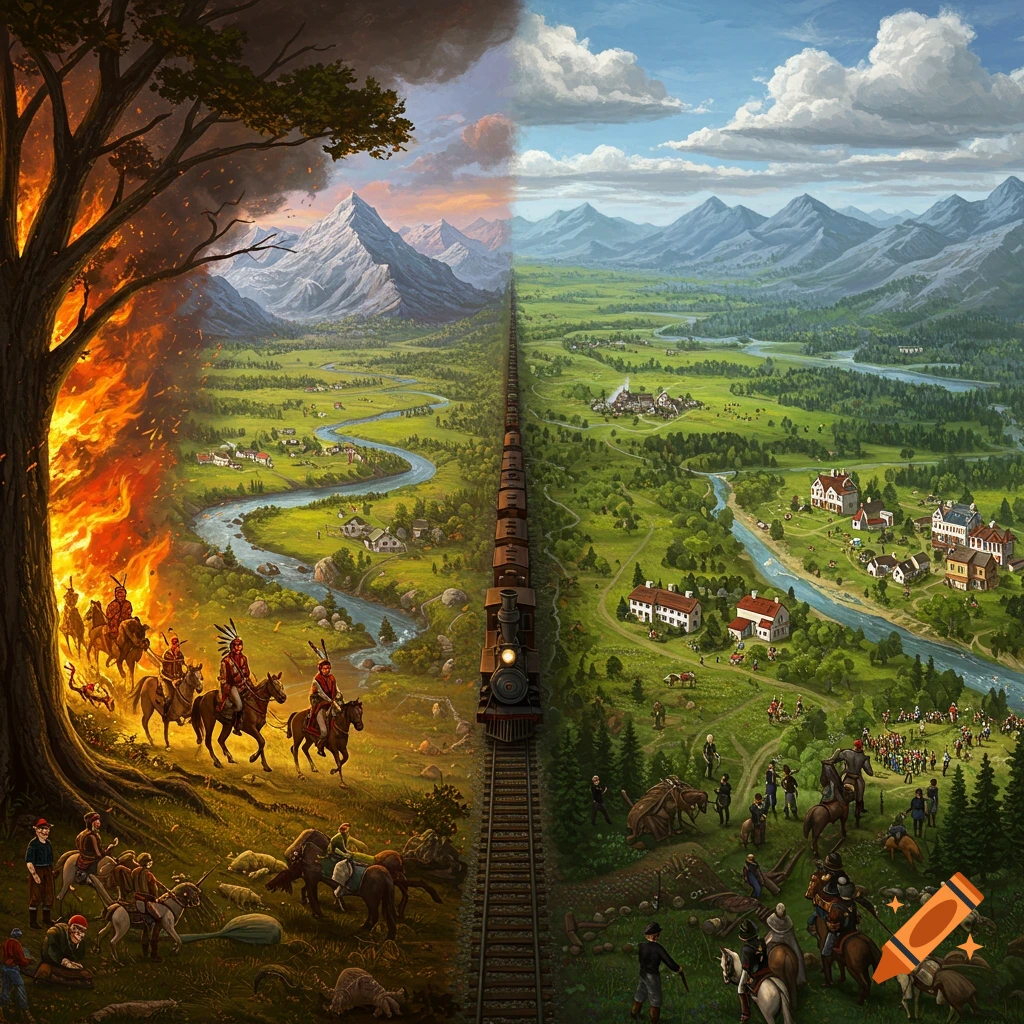 Two sides of land split by a train track: one side colonized with ...