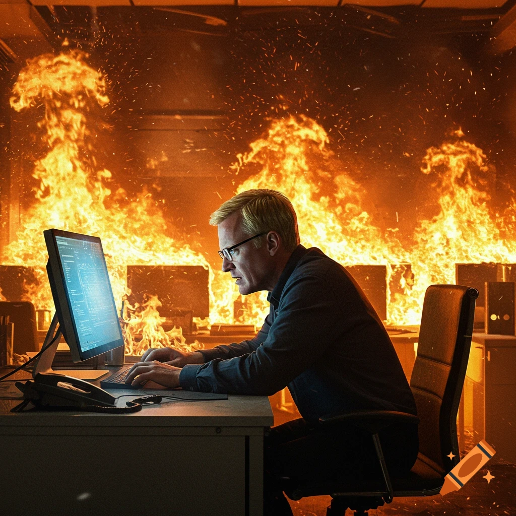 Balding man on computer in office on fire on Craiyon