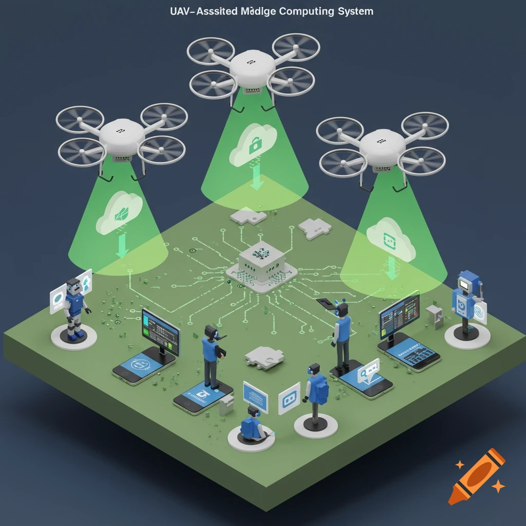Isometric diagram of a UAV-assisted computing system with drones, user ...