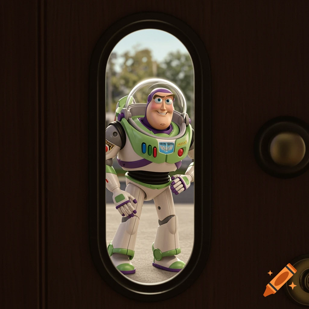 Buzz Lightyear looks through a door peephole from the outside, rendered ...