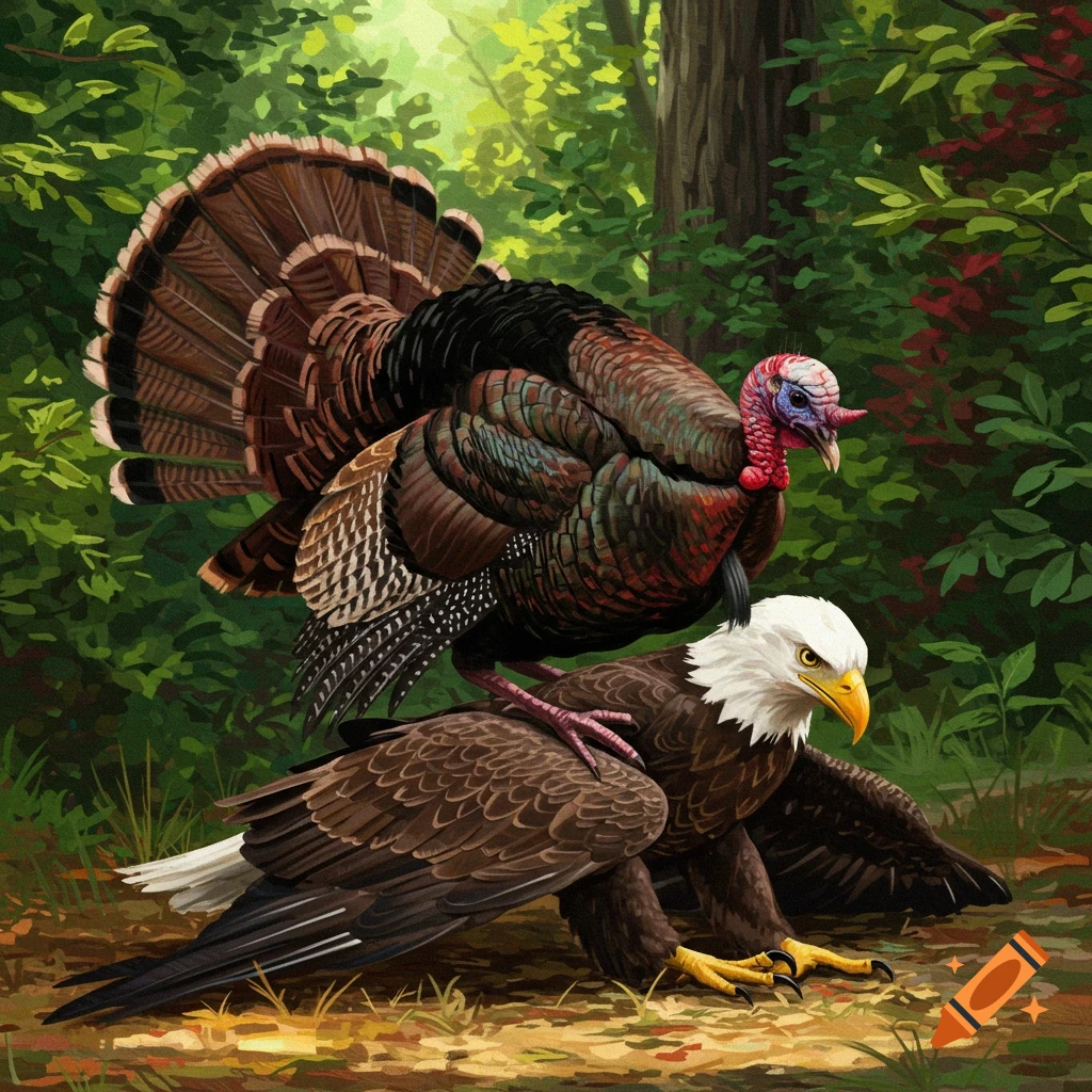 A wild turkey standing on the back of a bald eagle in a forest. on Craiyon