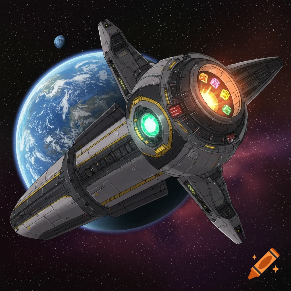 Glowing purple and shiny gray spaceship in space on Craiyon