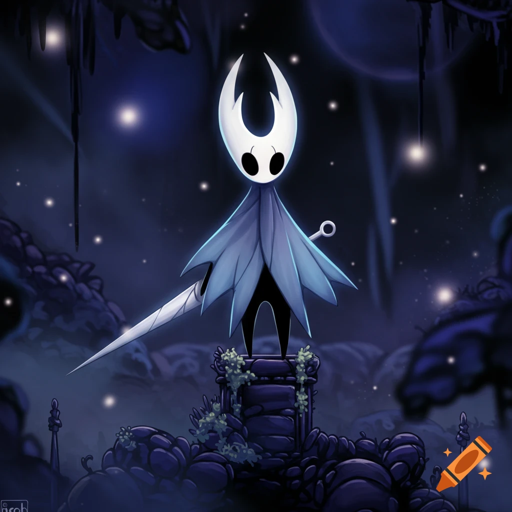 The Hollow Knight character stands in a dark, cavernous environment ...