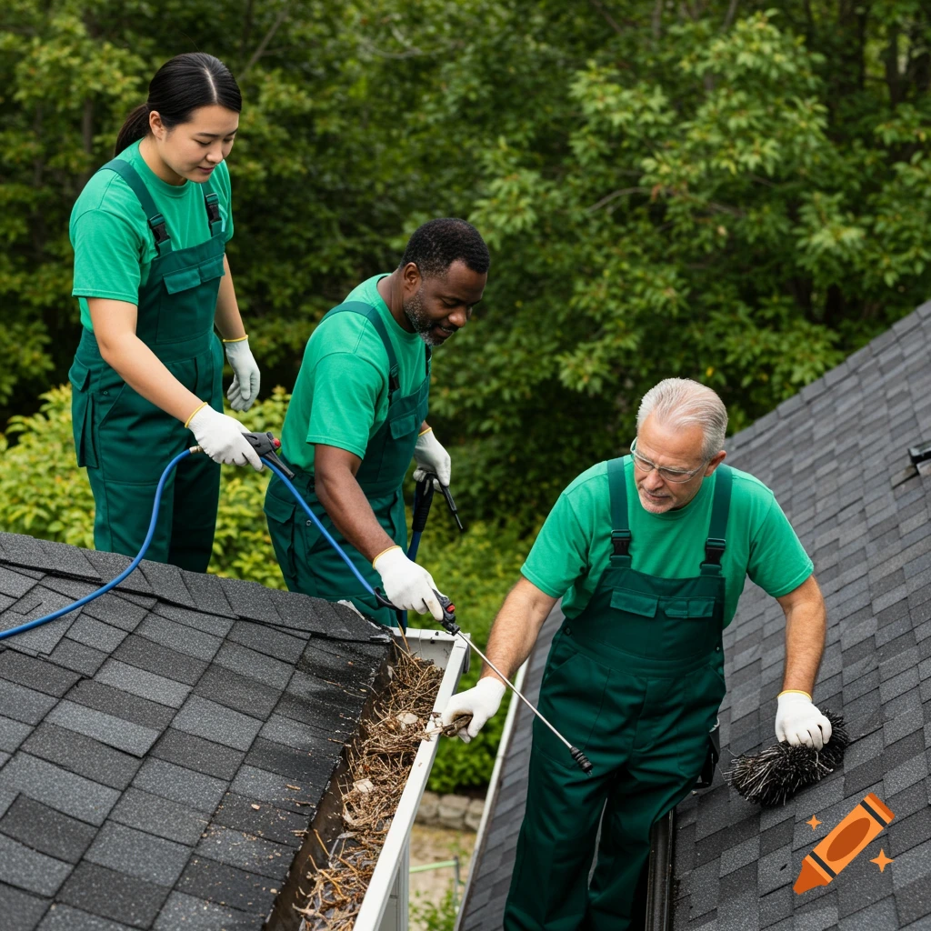 Mixed race home maintenance crew cleaning gutters on Craiyon