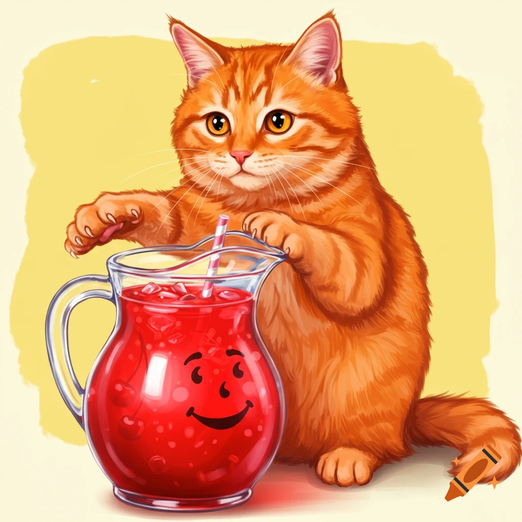 Orange cat with orange gold eyes and a pitcher of koolaid on Craiyon