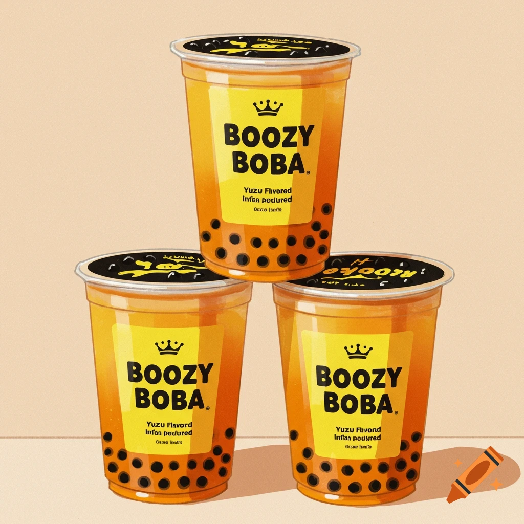 Stack of Boozy Boba cups with yellow labels on Craiyon