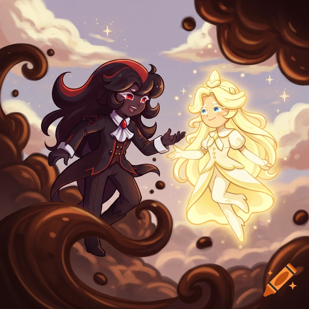 Anime characters of a dark figure and a light figure floating in clouds ...