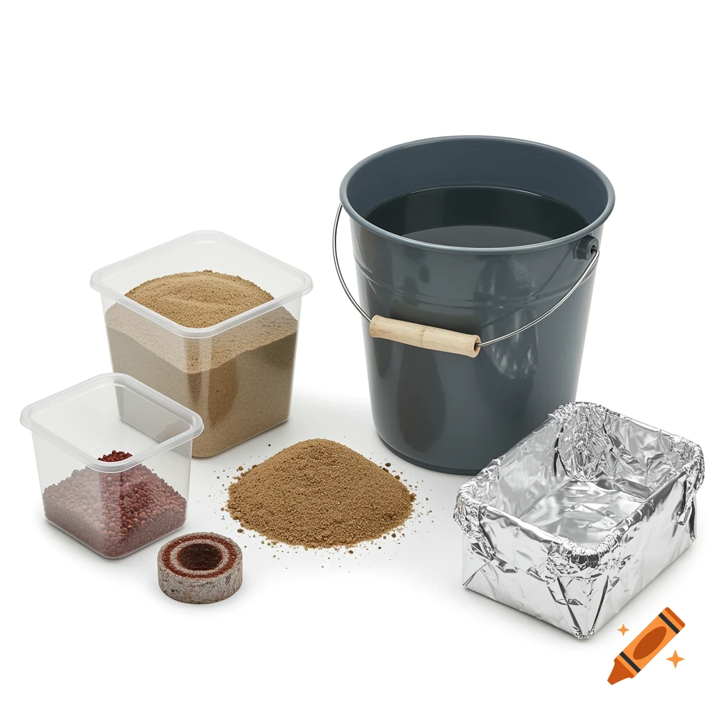 A bucket of water next to containers of sand and red particles, a pile ...
