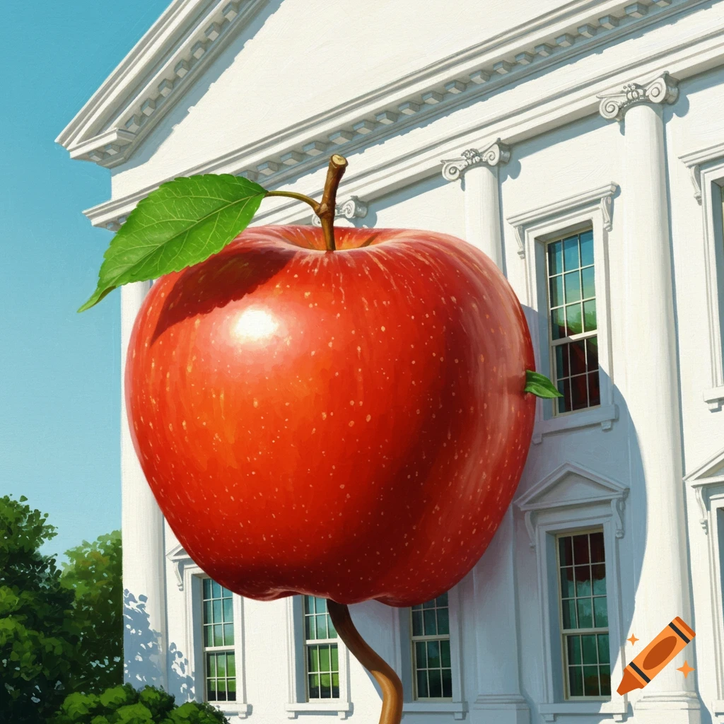 A giant red apple positioned in front of a white building resembling ...