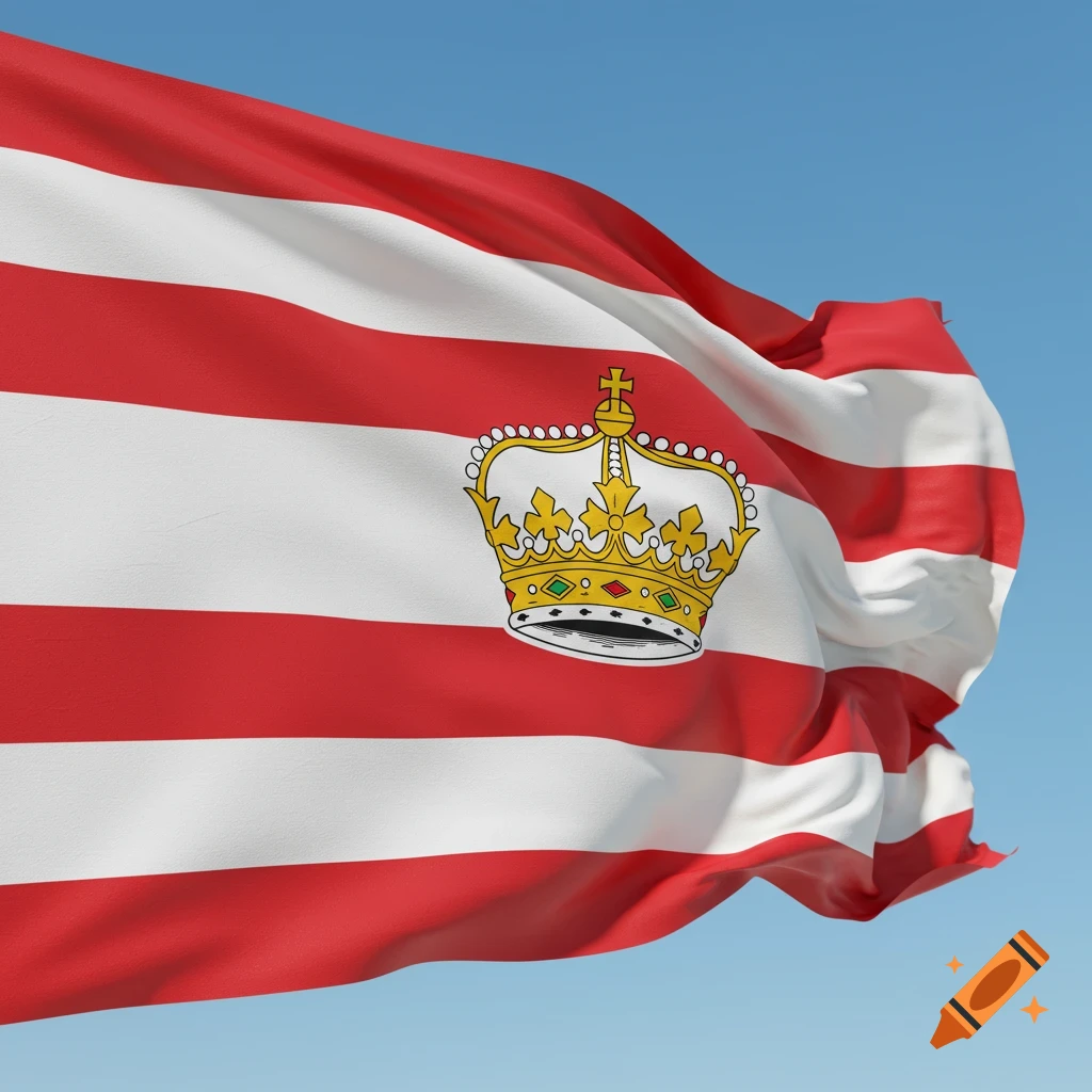 A waving flag with red and white stripes and a golden crown emblem. on ...