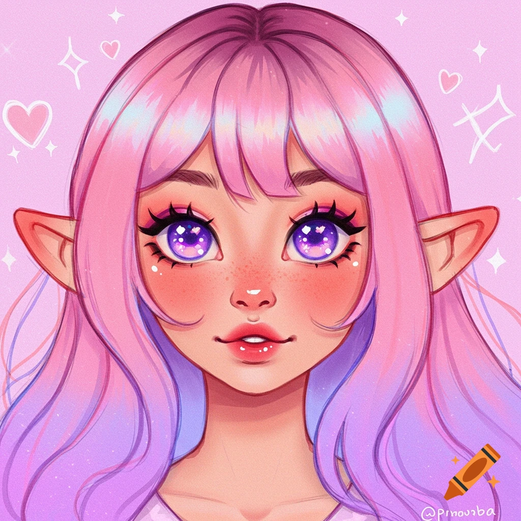 Anime style portrait of a girl with purple hair and pink headphones. on ...