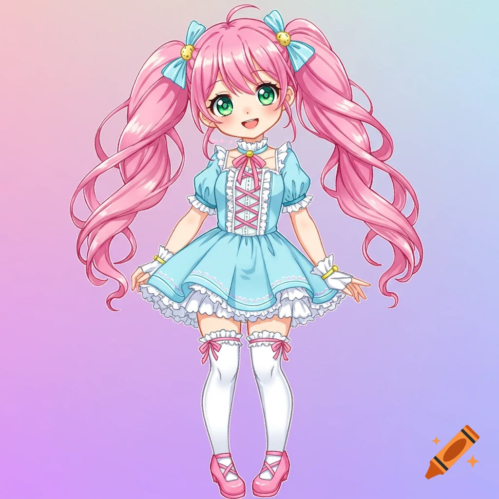 A smiling anime girl with long pink pigtails and green eyes wearing a ...