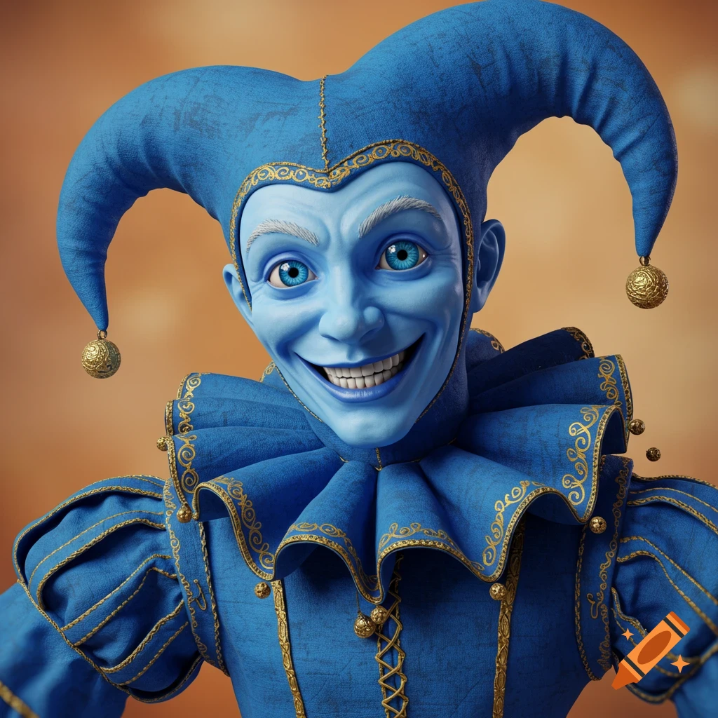 Blue jester with blue eye and white bangs smiling on Craiyon