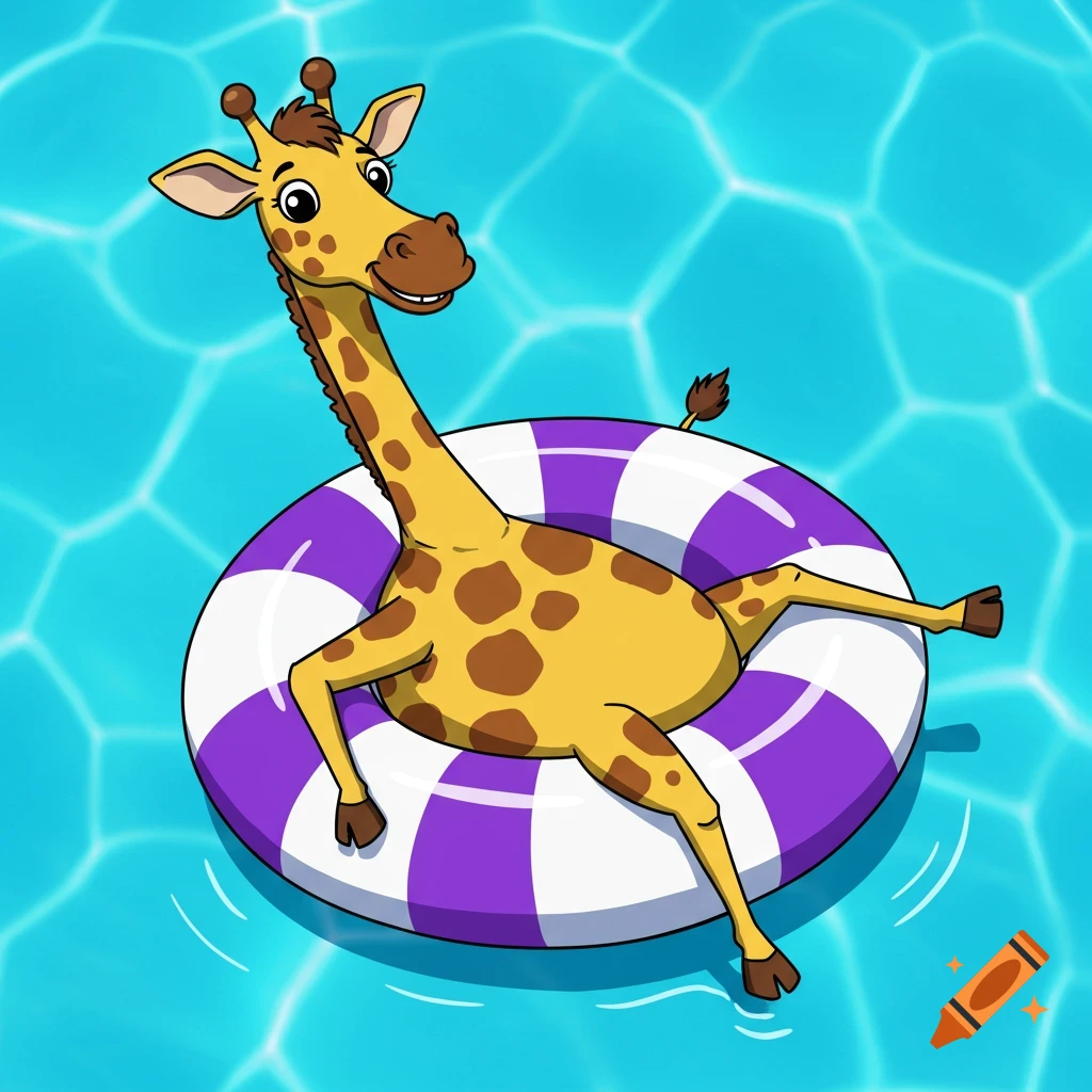 Cute cartoon horse relaxing on a yellow pool float in a swimming pool ...