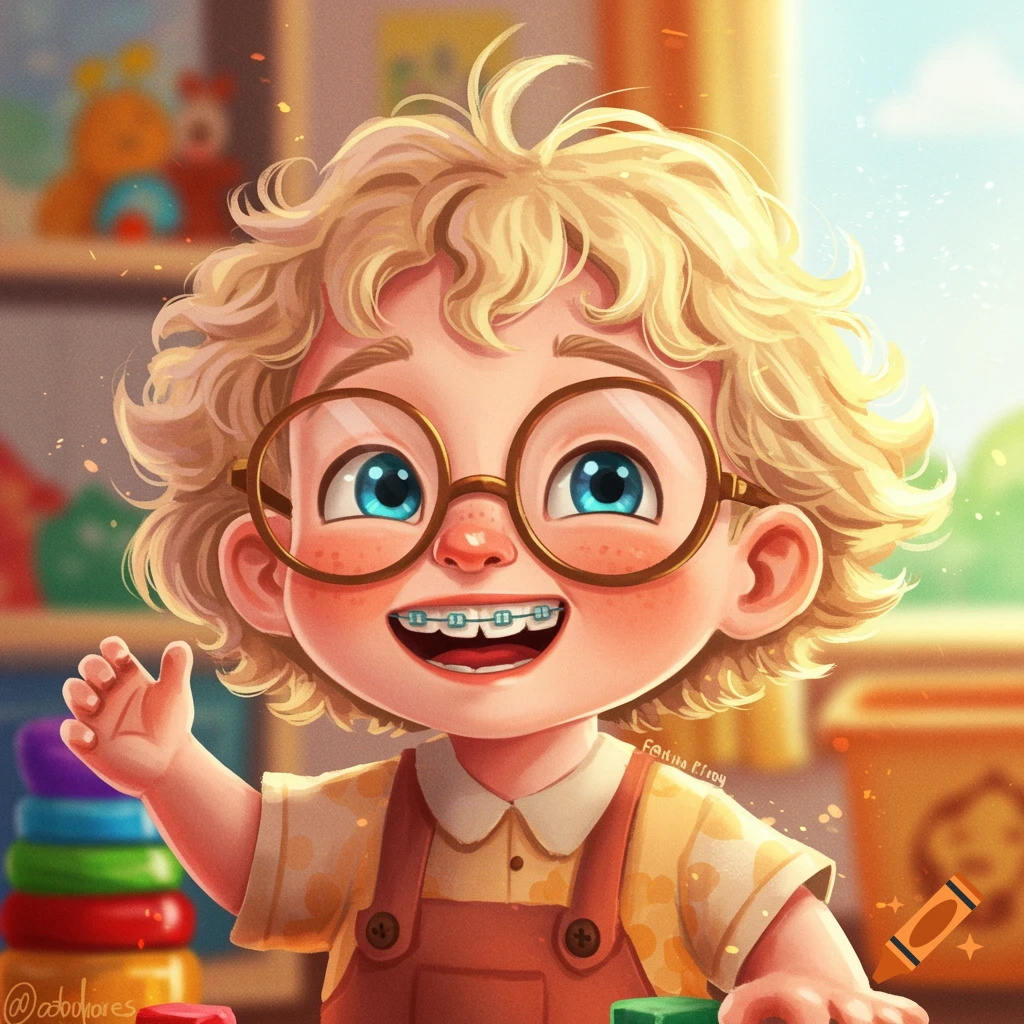 White kid with braces, curly hair, and glasses on Craiyon