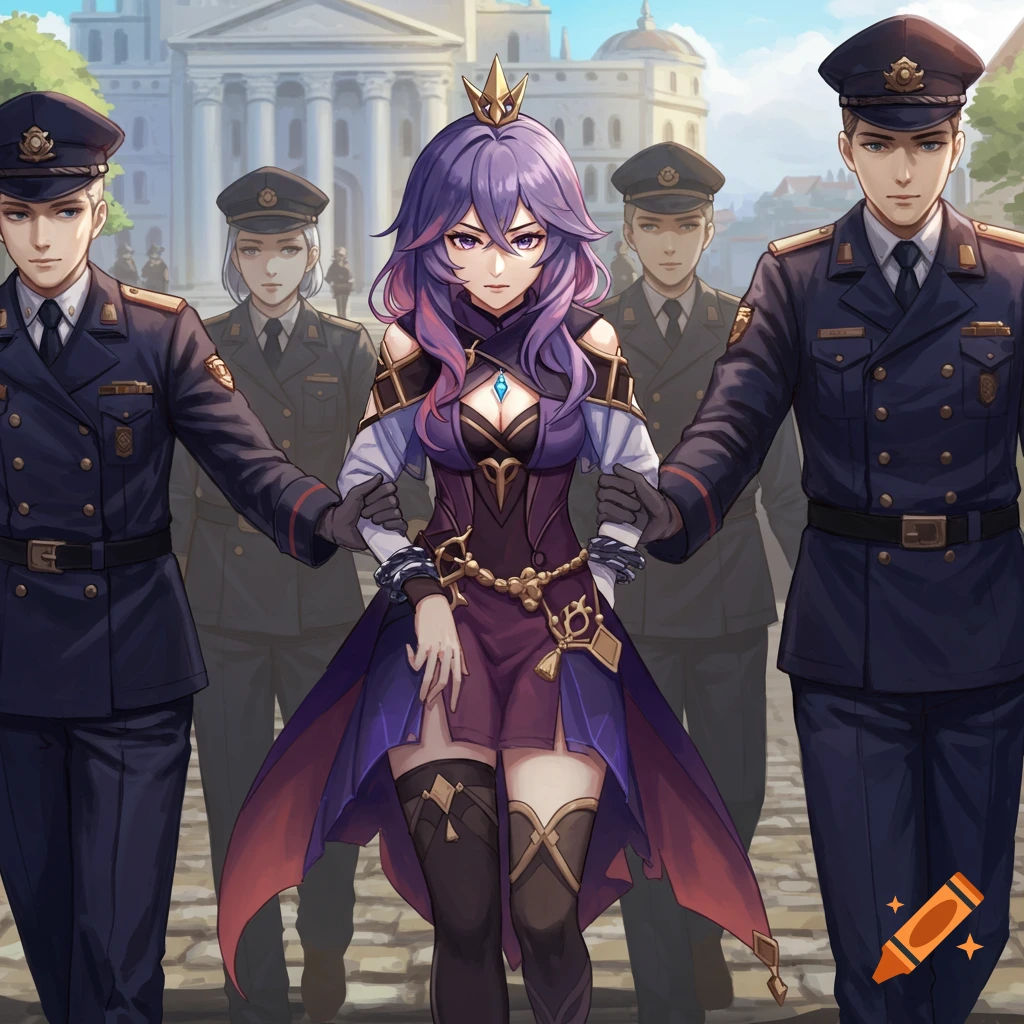 A person with purple hair is being led away by police officers in front ...