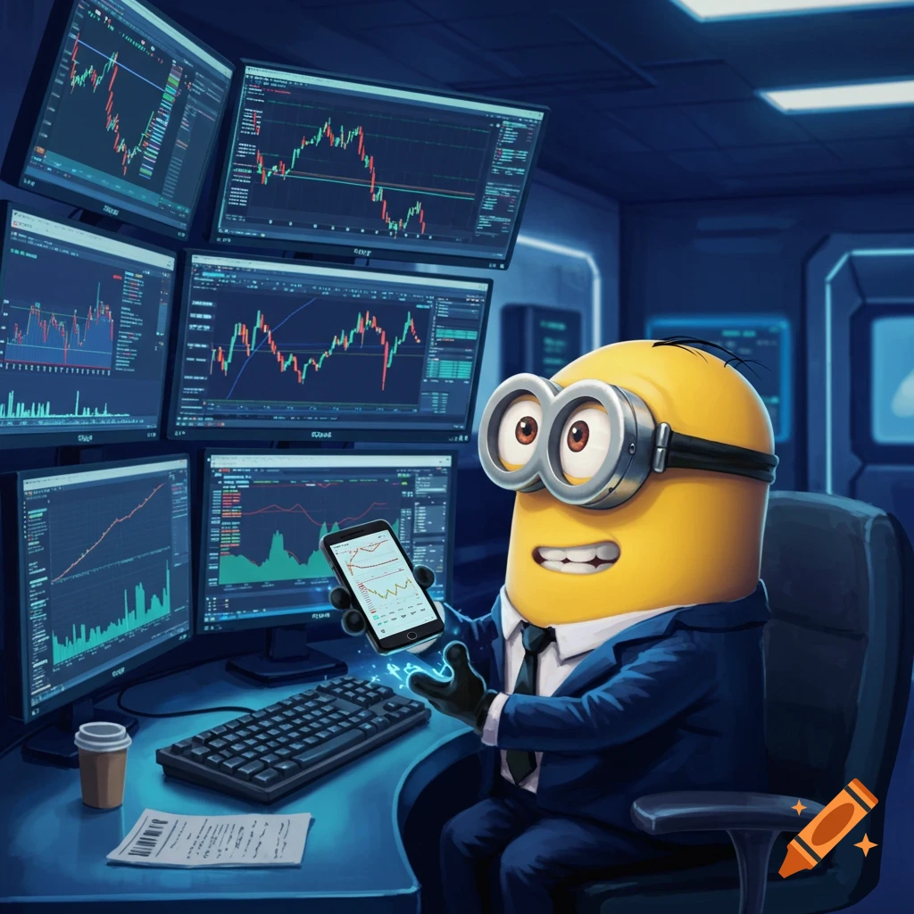 A Minion in a suit daytrading with multiple computer screens and a ...