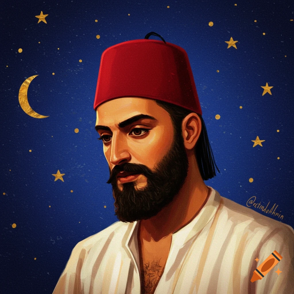 Painting of a man with a beard wearing a red fez against a starry blue ...