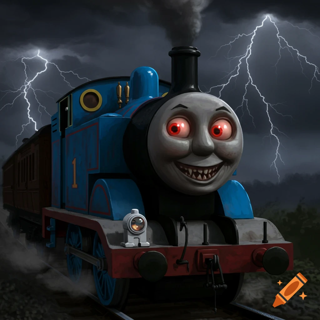Evil-looking blue train with red eyes and sharp teeth in a storm with ...