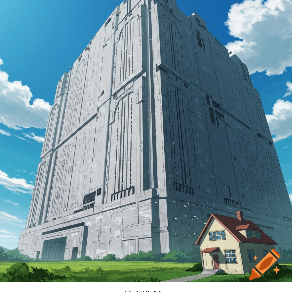 A very tall and wide building next to a small house on Craiyon