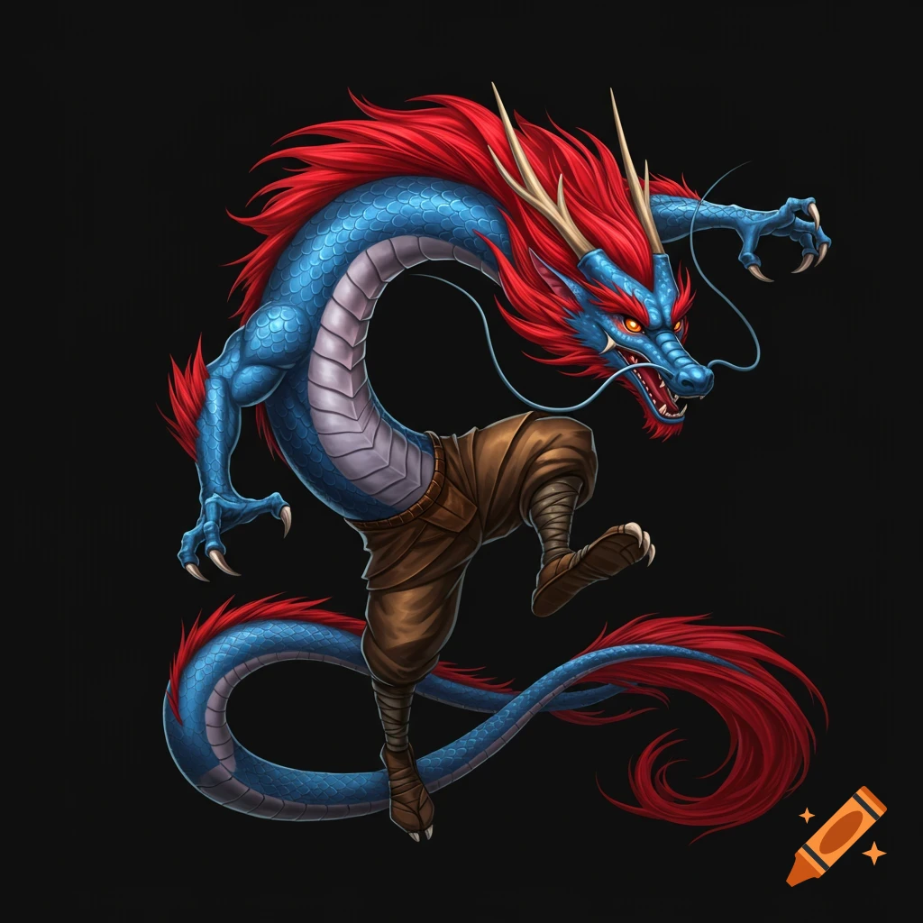 A blue dragon with a red mane in a kung-fu pose. on Craiyon