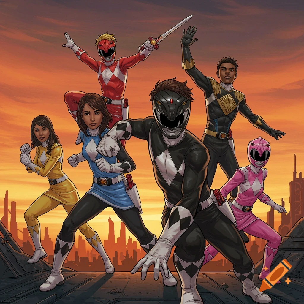 Seven Power Rangers-like figures in colorful suits and helmets stand ...