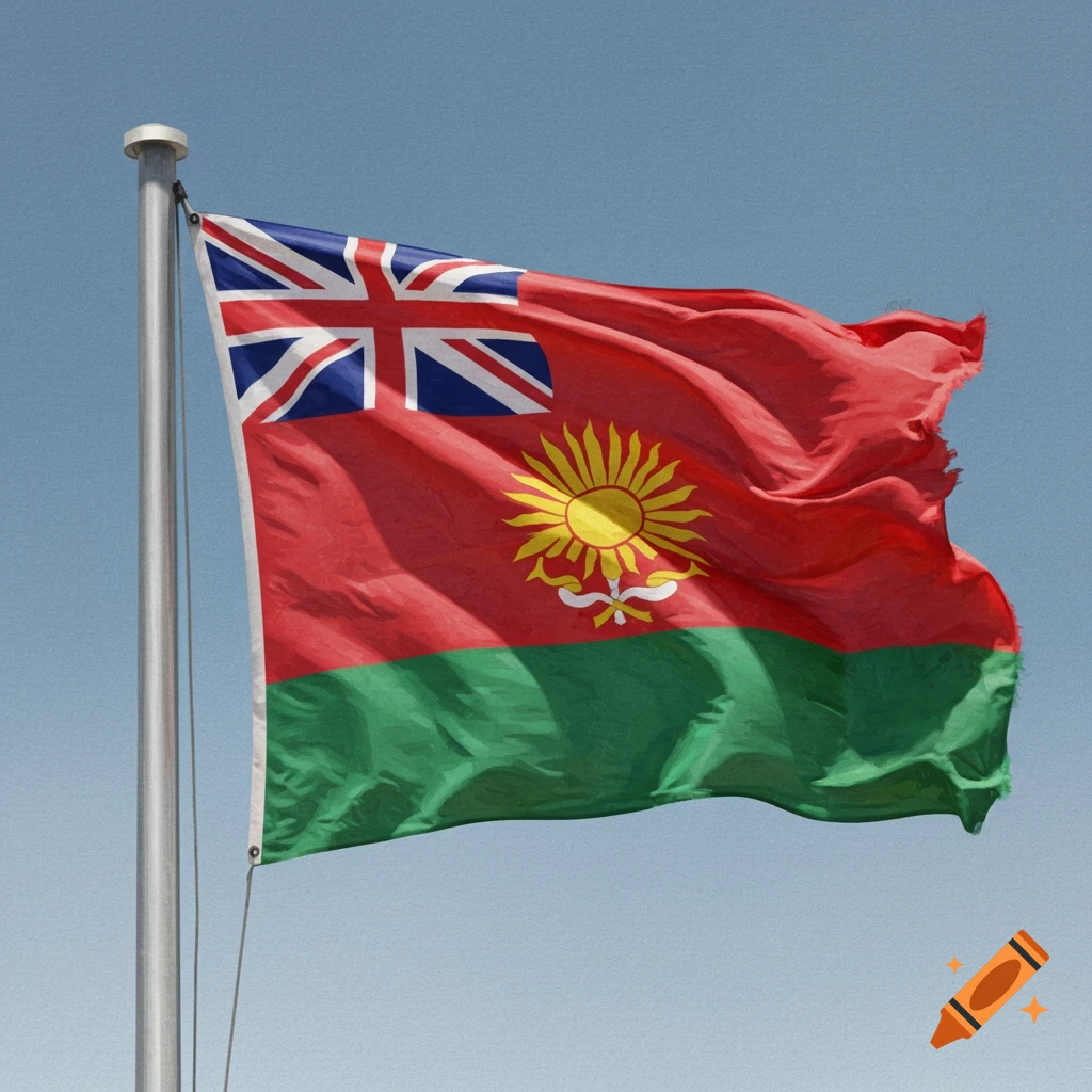 A red and green flag featuring a sun and Union Jack design waves on a ...