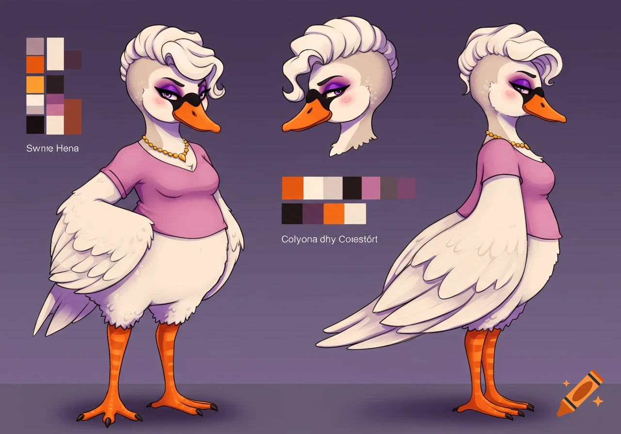 Cartoon anthro swan with orange beak, purple eyeshadow, pink shirt, and ...