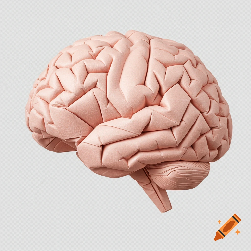 A delicate origami rendering of a human brain crafted from blush ...