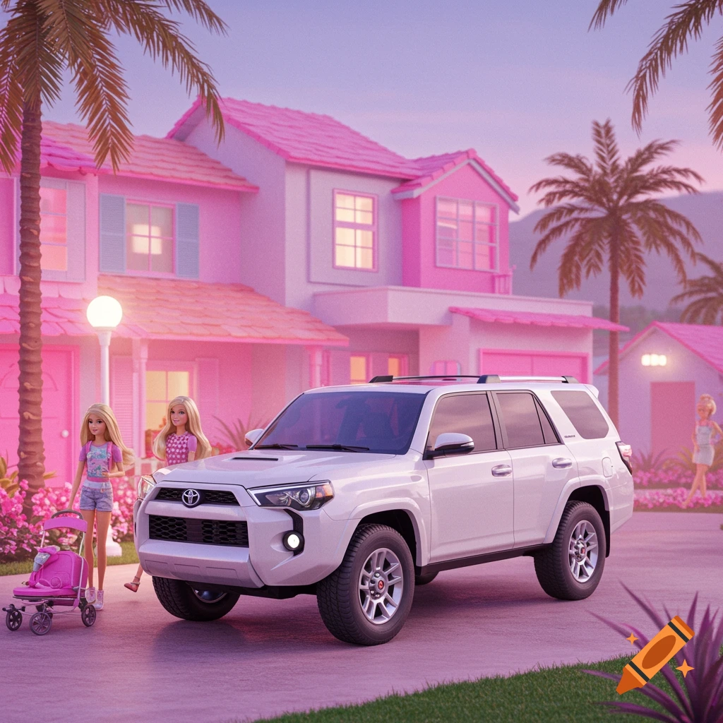 Two Barbie dolls next to a white Toyota 4Runner in front of a pink ...