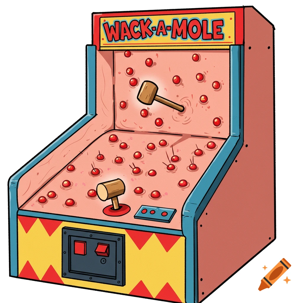 A cartoon illustration of a Wack-A-Mole arcade game machine with red ...