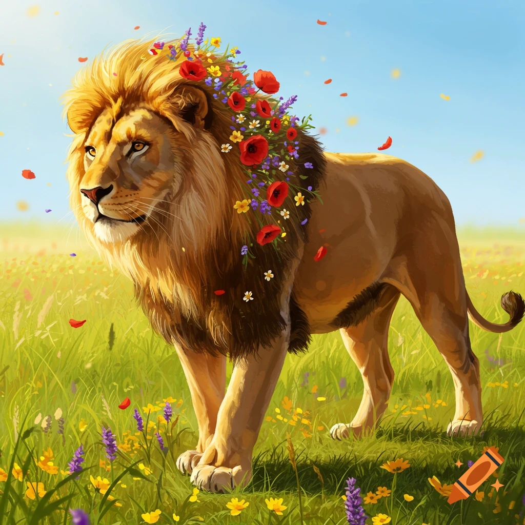 Lion with flowers in mane walking in a meadow on Craiyon