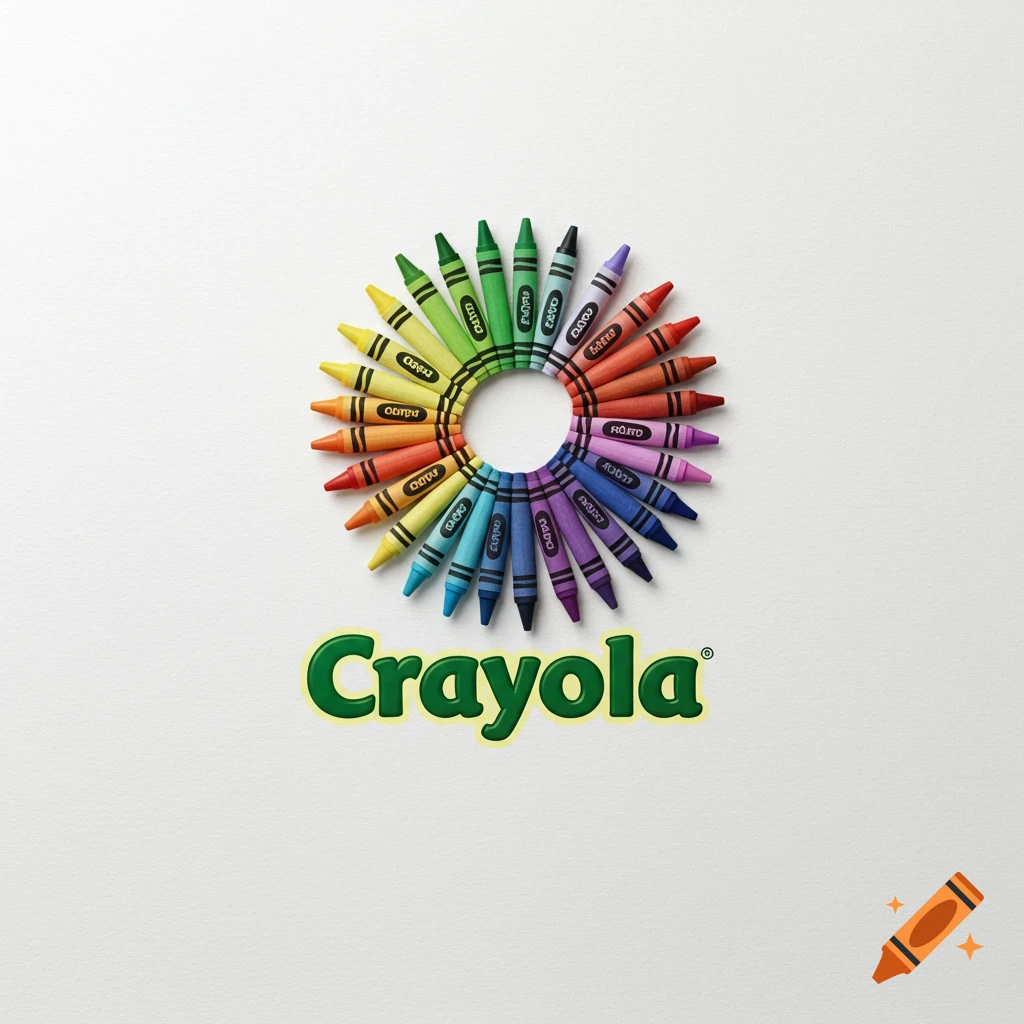 A ring of colorful crayons arranged like a sun, with the Crayola logo ...