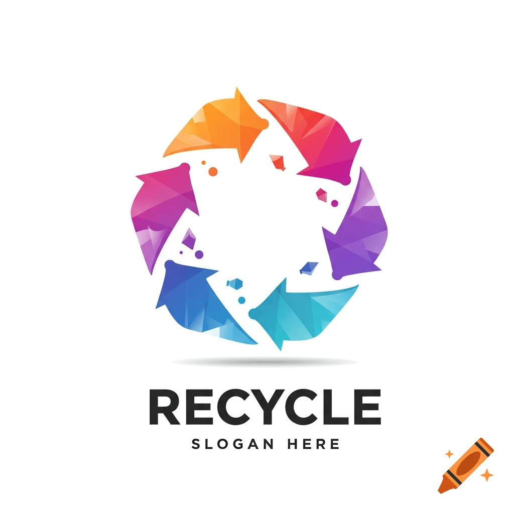 Colorful geometric recycling logo with text 'RECYCLE SLOGAN HERE' on ...