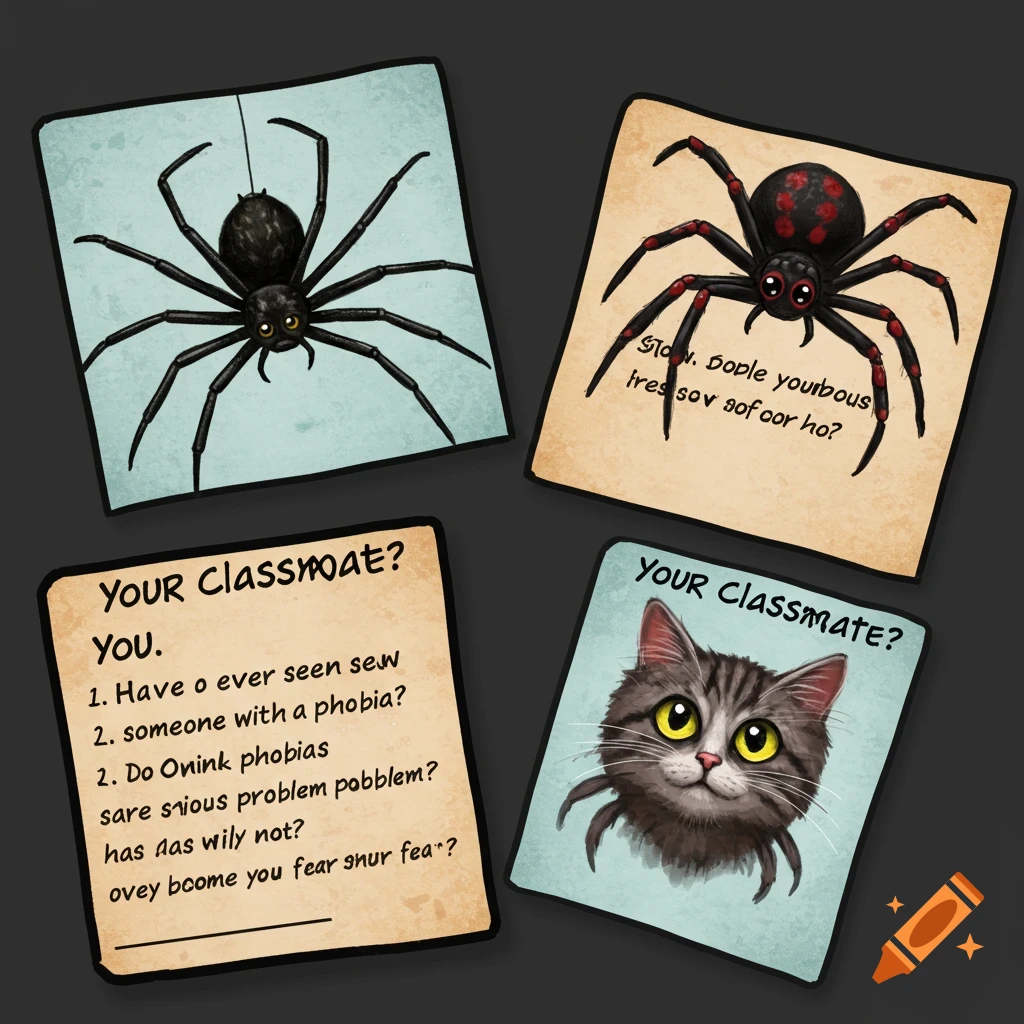 Spider-shaped cards with questions on Craiyon