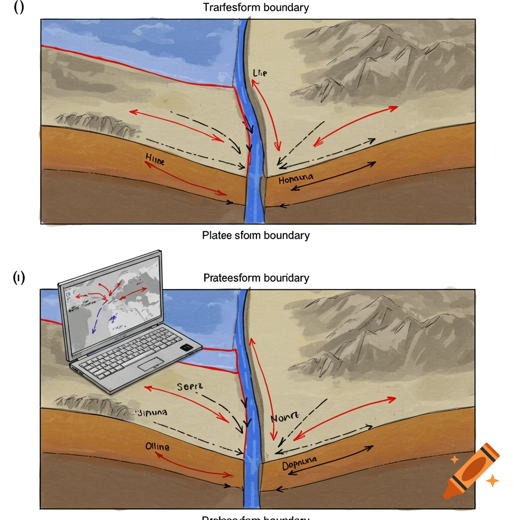 Transform plate boundary diagram with arrows and computer screen sketch ...
