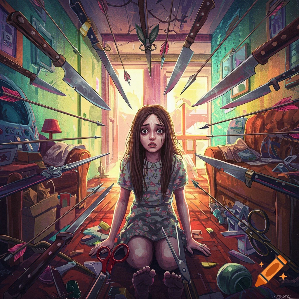 Scared girl in a room with many objects pointing at her on Craiyon